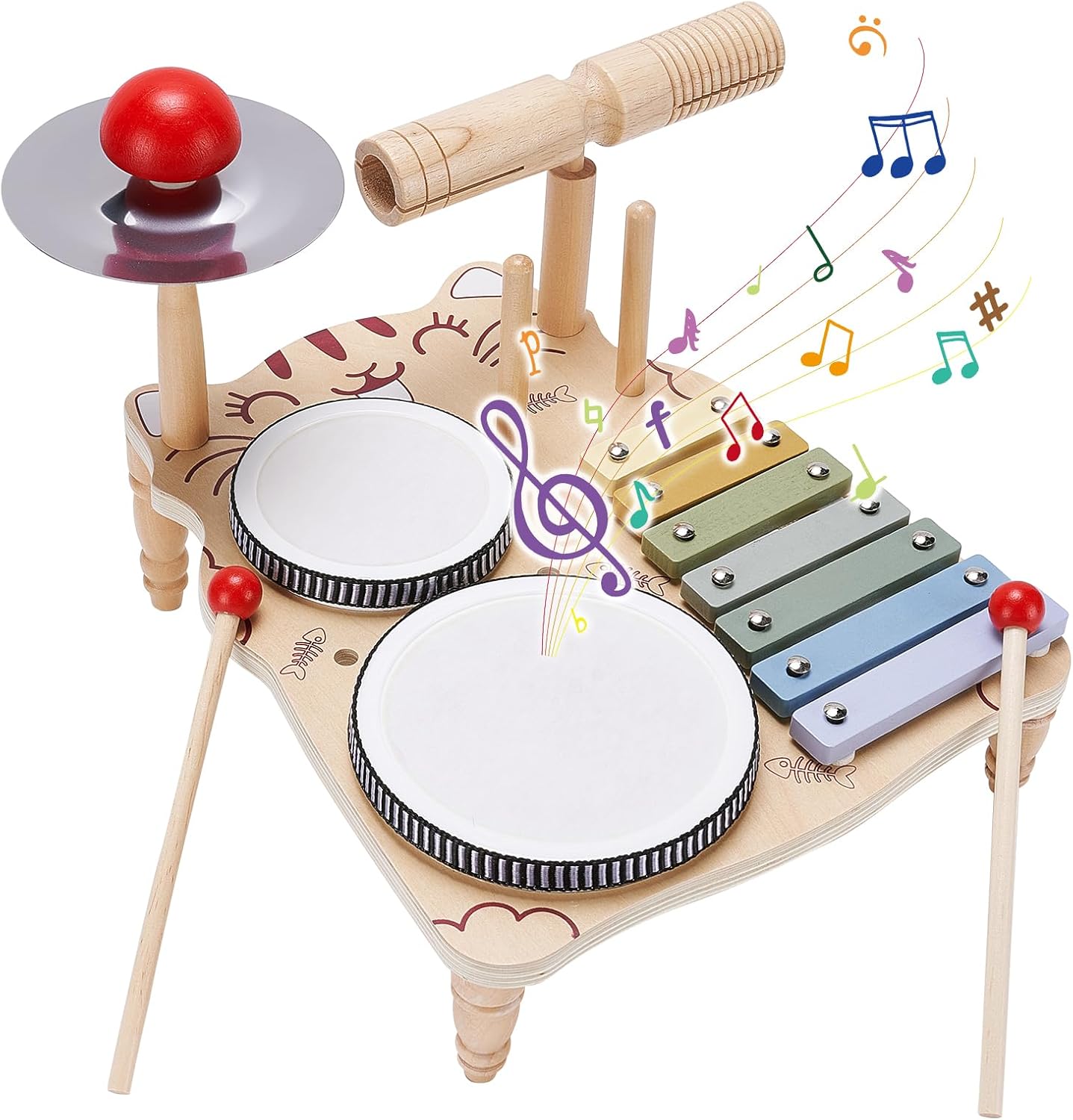 Wooden Drum Set for Toddlers, Baby Musical Instrument Set Kids Toys ...
