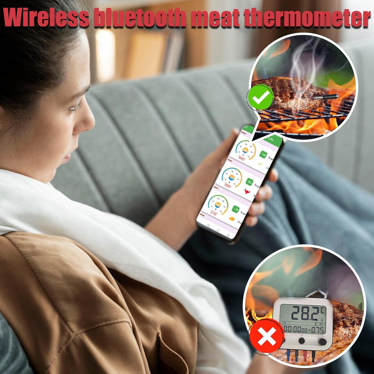 MOFINO Termómetro inalámbrico Bluetooth para carne con sonda ultrafina ...