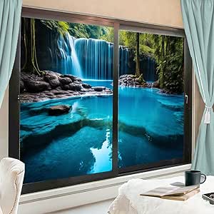 Amazon.com: Dunmat Blue Pond Waterfall Window Film Room Decor Beautiful ...