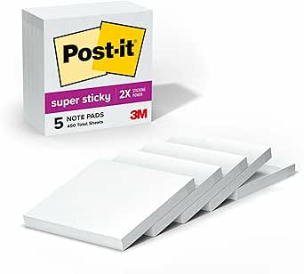 Post-it Super Sticky Notes, 3 x 3-Inches, White, 5-Pads/Pack (654-5SSW ...