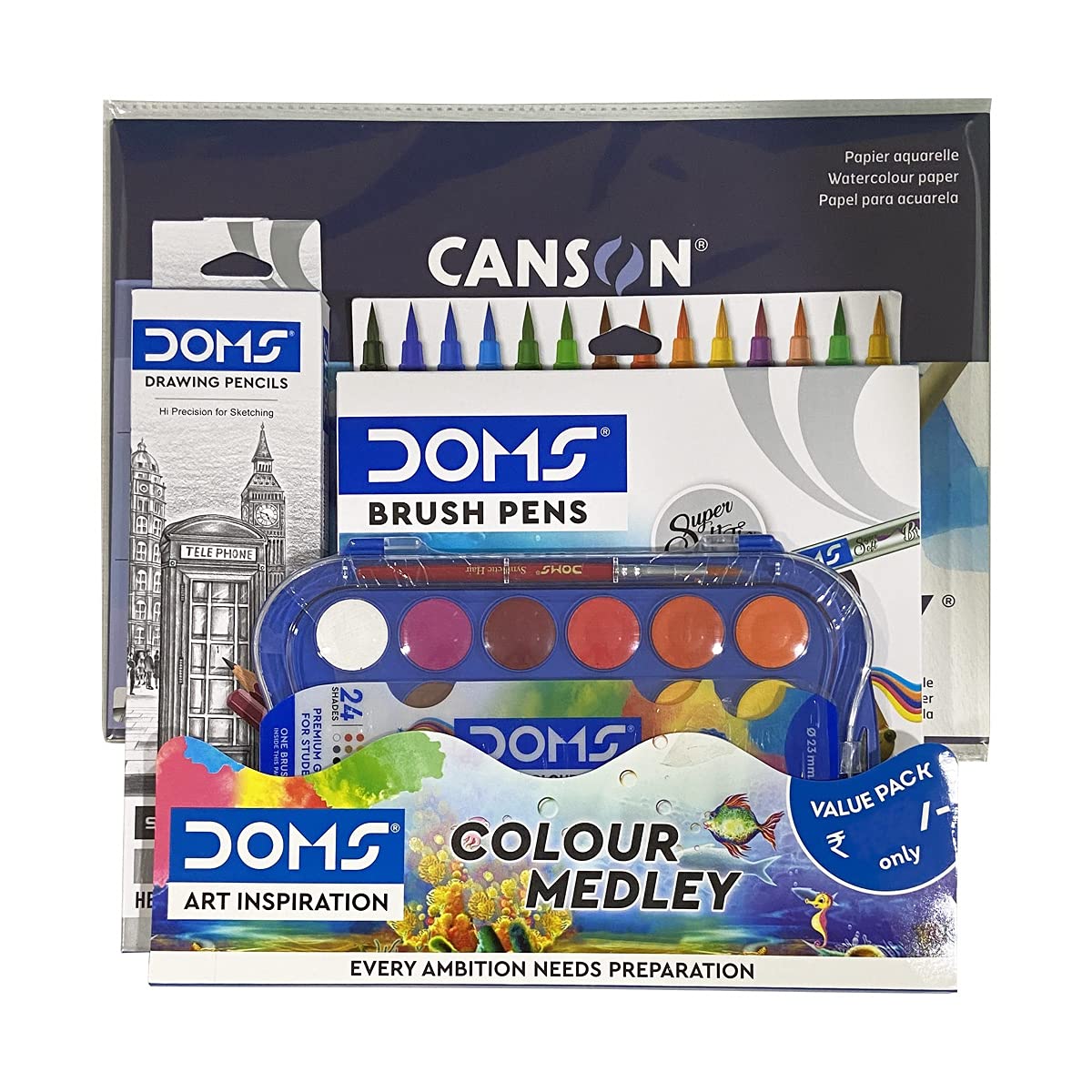 DOMS Brush Pen Set | Color Medley Art Kit | 24 Shades Watercolor Cakes ...