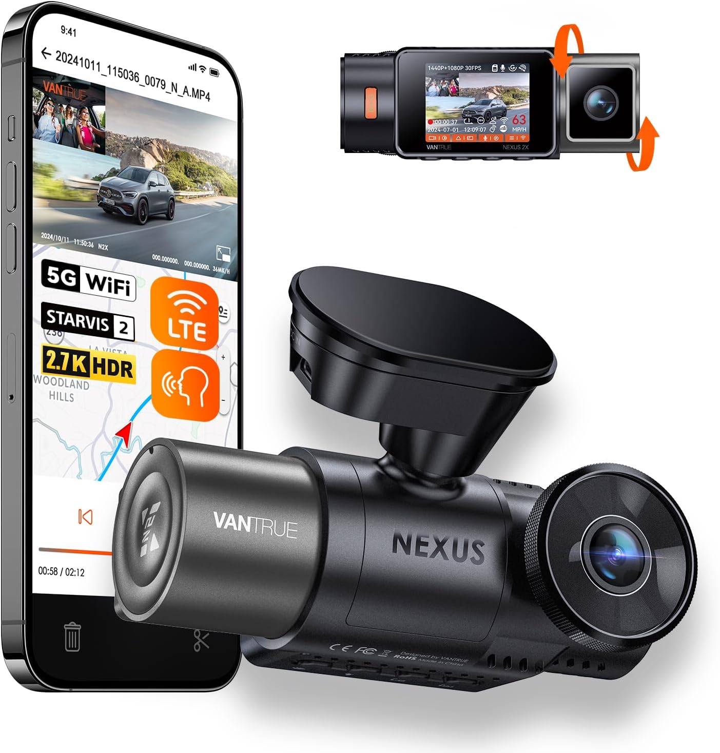 Amazon.com: Vantrue N2X 2.7K Uber Dash Cam Front and Inside, 5G WiFi ...