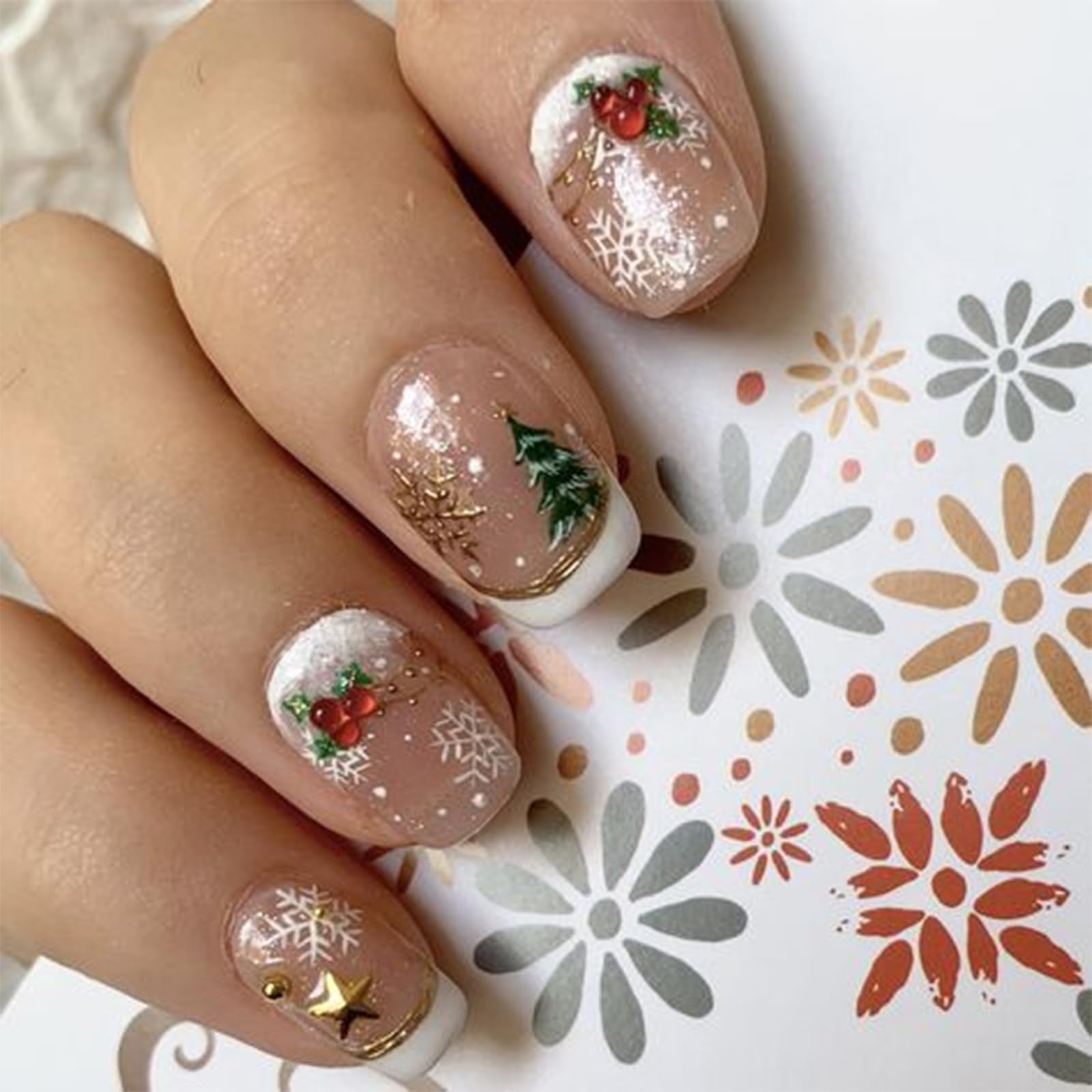 Amazon.com: Christmas Press on Nails Short Square Fake Nails Christmas ...