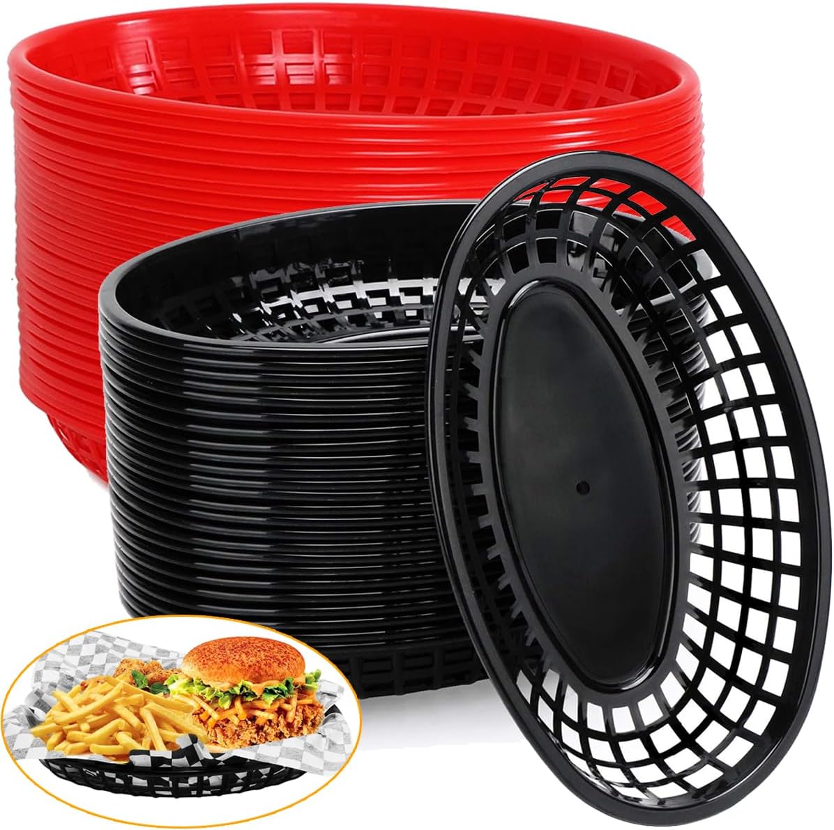 Amazon.com: 50 Pack Black and Red Plastic Food Baskets 9" x 5.7" Oval ...