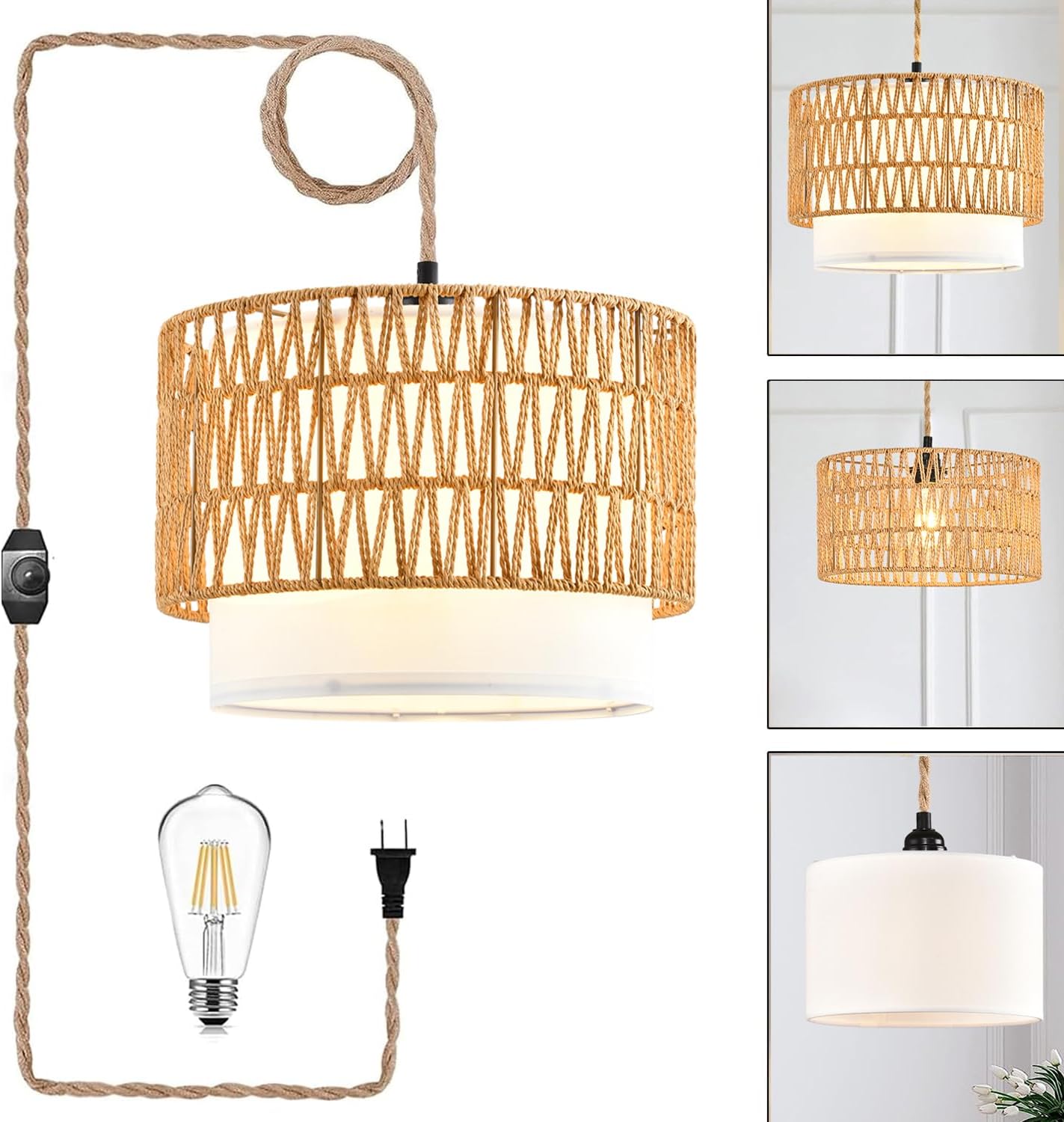 Bamboo Large Plug in Pendant Light with 14ft Handmade Woven Light Cord ...
