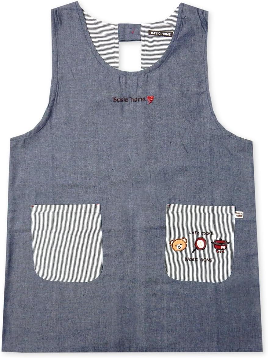 Amazon.co.jp: (ネイビー)大きいサイズ 婦人 レディース ラン型 エプロン 後ろボタン＆ひも留め ヒッコリー デニム くま刺繍ワッペン 2L-3L sl-0490 メール便対応 ...