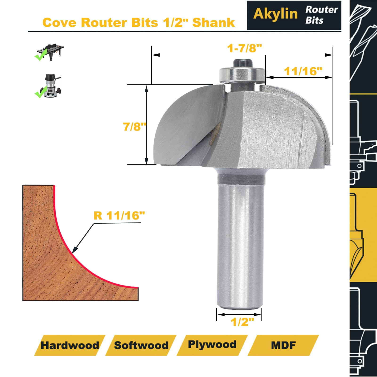 Snapklik.com : Cove Router Bits,1/2" Shank,Radius 11/16",Bearing Guided ...