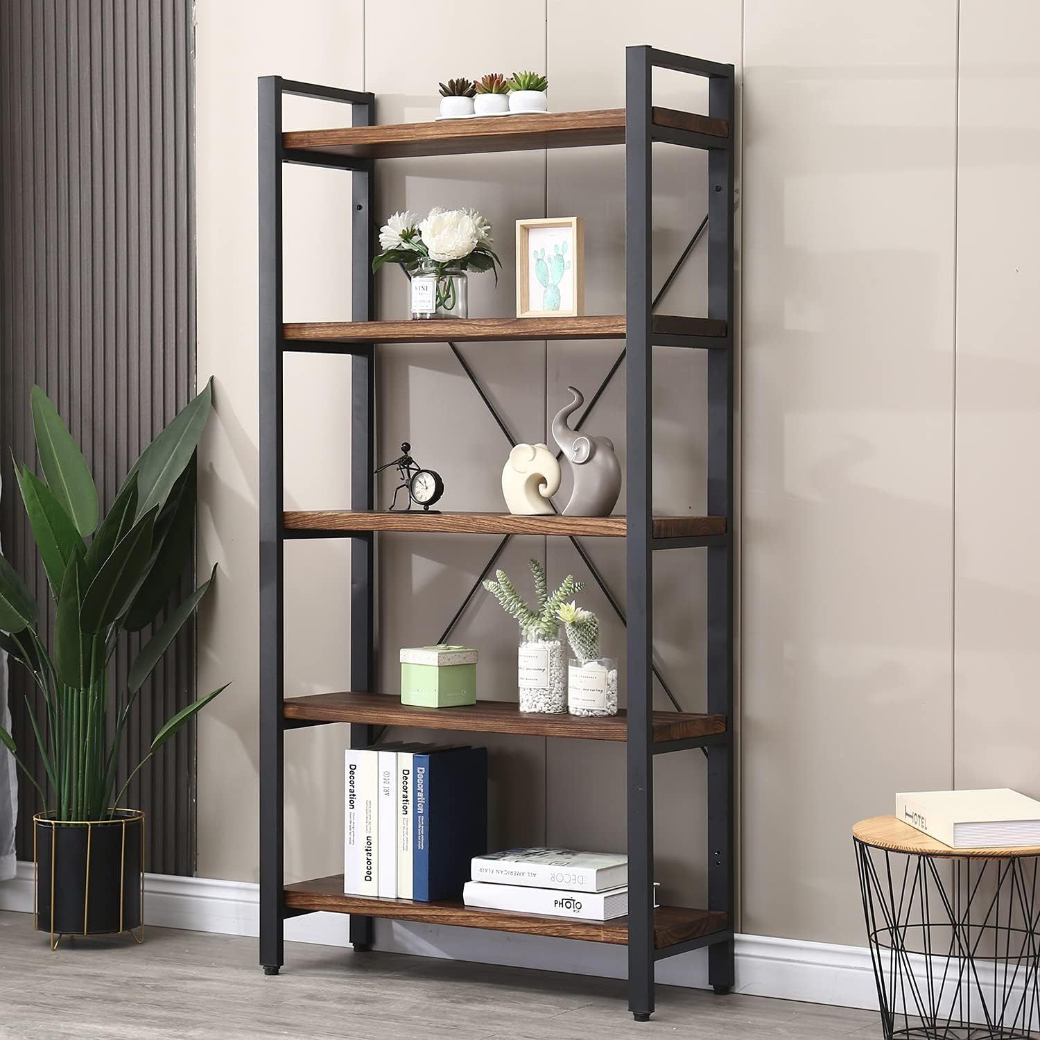 Amazon.com: FATORRI 5 Tier Bookshelf, Industrial Wood and Metal Book ...