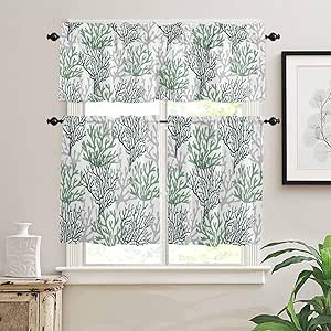 Amazon.com: Debedcor Kitchen Curtains Set, Sage Green Gray Coral Coastal Kitchen Curtains and ...