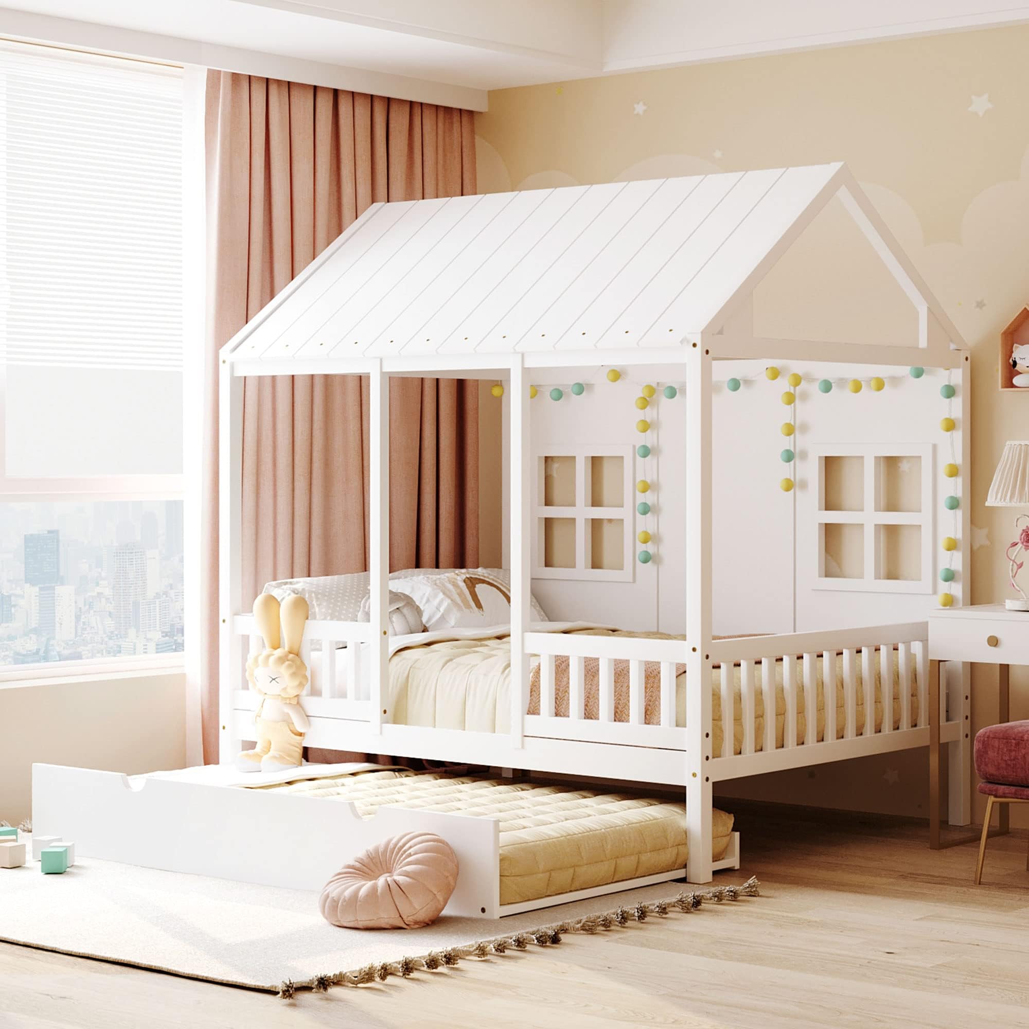 Amazon.com: Harper & Bright Designs Full House Bed with Trundle, Wood ...