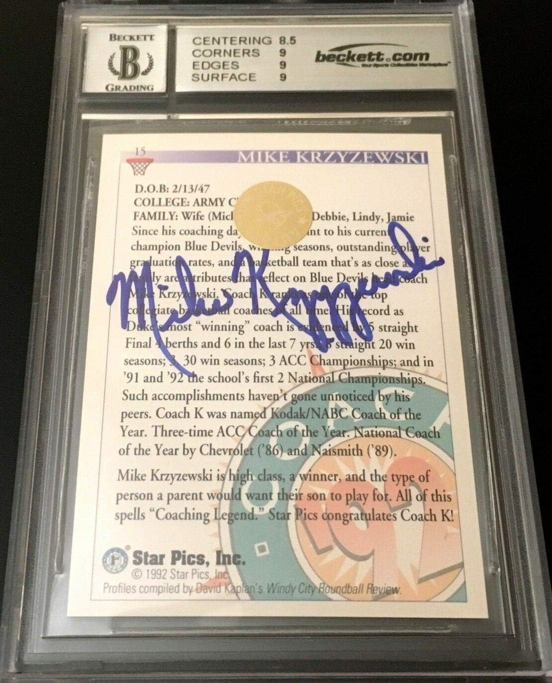 Mike (Coach K) Krzyzewski certified autograph auto Duke 1992 Star Pics ...