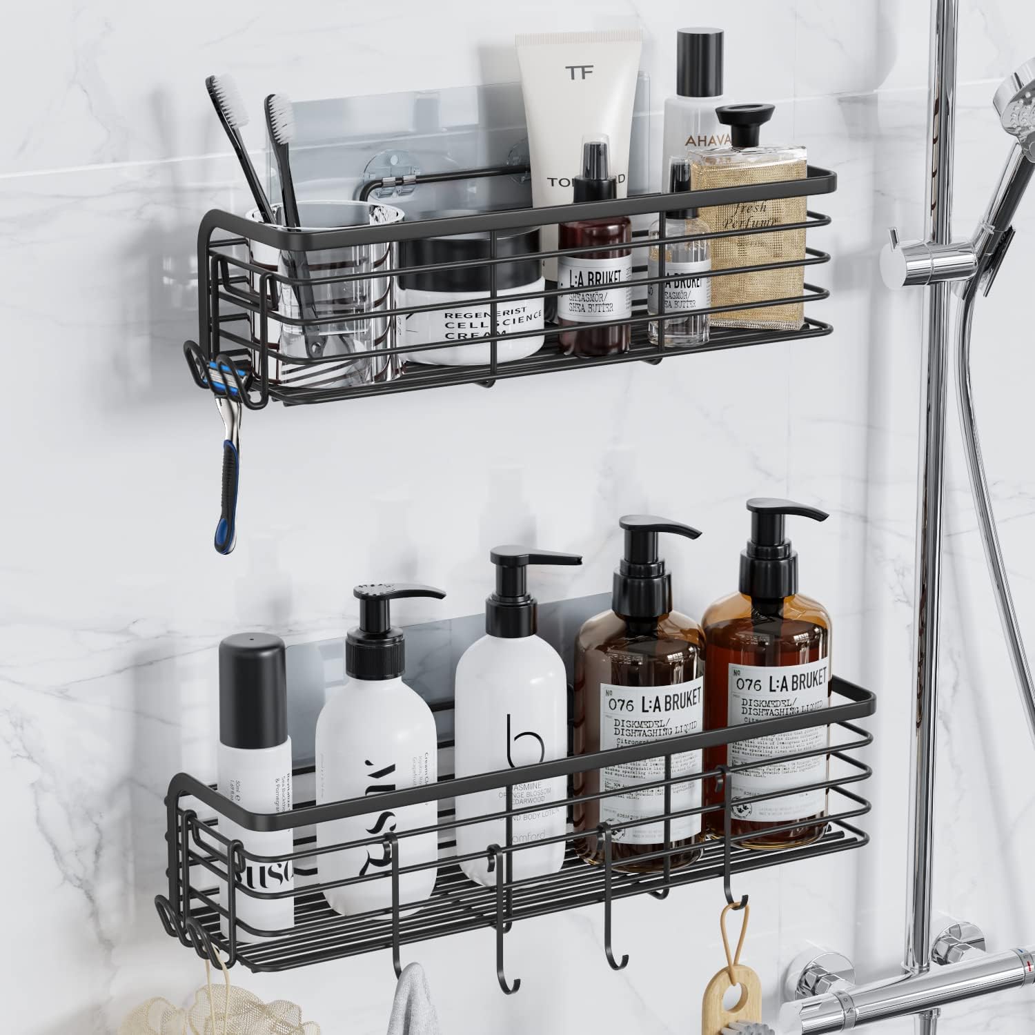 Amazon.com: Shower Caddy Basket with Hooks, Stainless Shower Shelf for ...