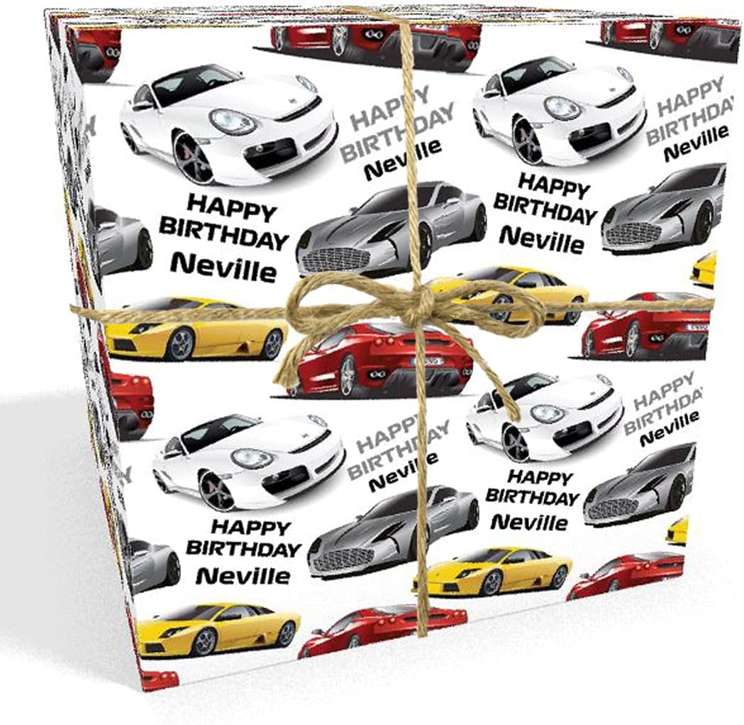 Sports Cars Personalised Birthday Gift Wrap with 2 Tags - Recyclable ...