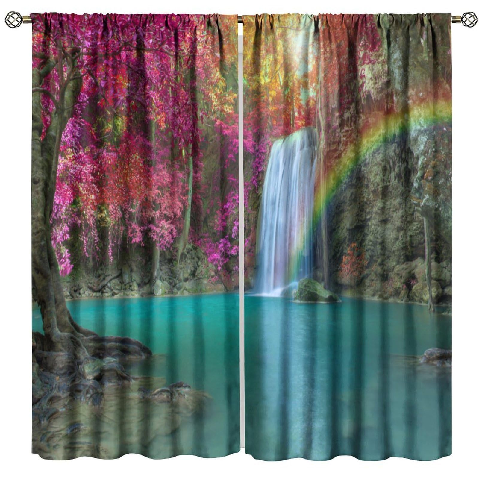 Amazon.com: Waterfall Curtains Romantic Forest Rainbow Waterfall ...
