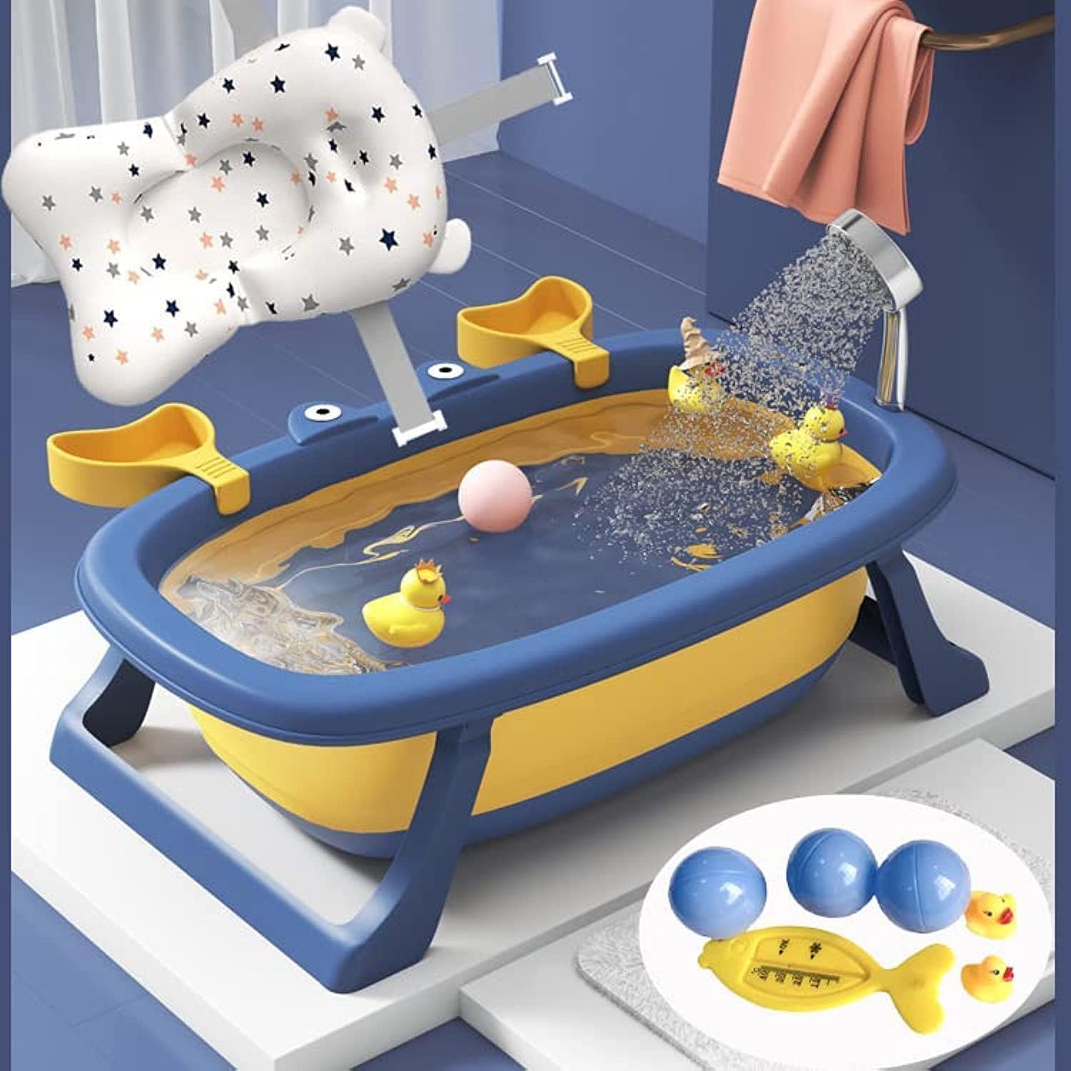 PREMIFY Baby Bathtub Portable With Baby Cushion, Collapsible Toddler ...