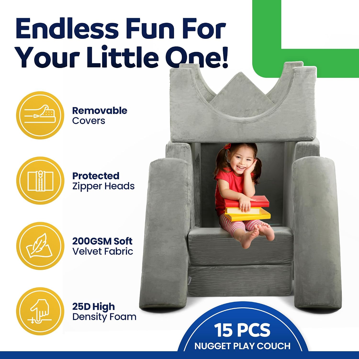 Modular Kids Play Couch - 15 Pieces Buildable Plush Play Couch Panels ...