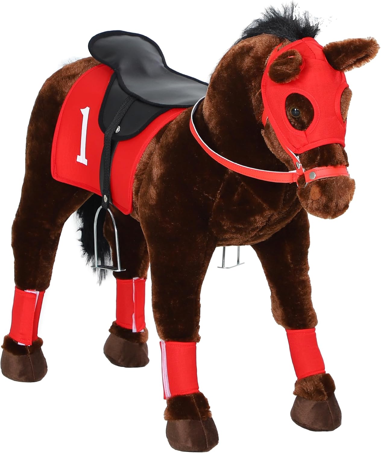 Qaba Standing Ride on Horse, Plush Pony Toy for Kids with Neighing ...