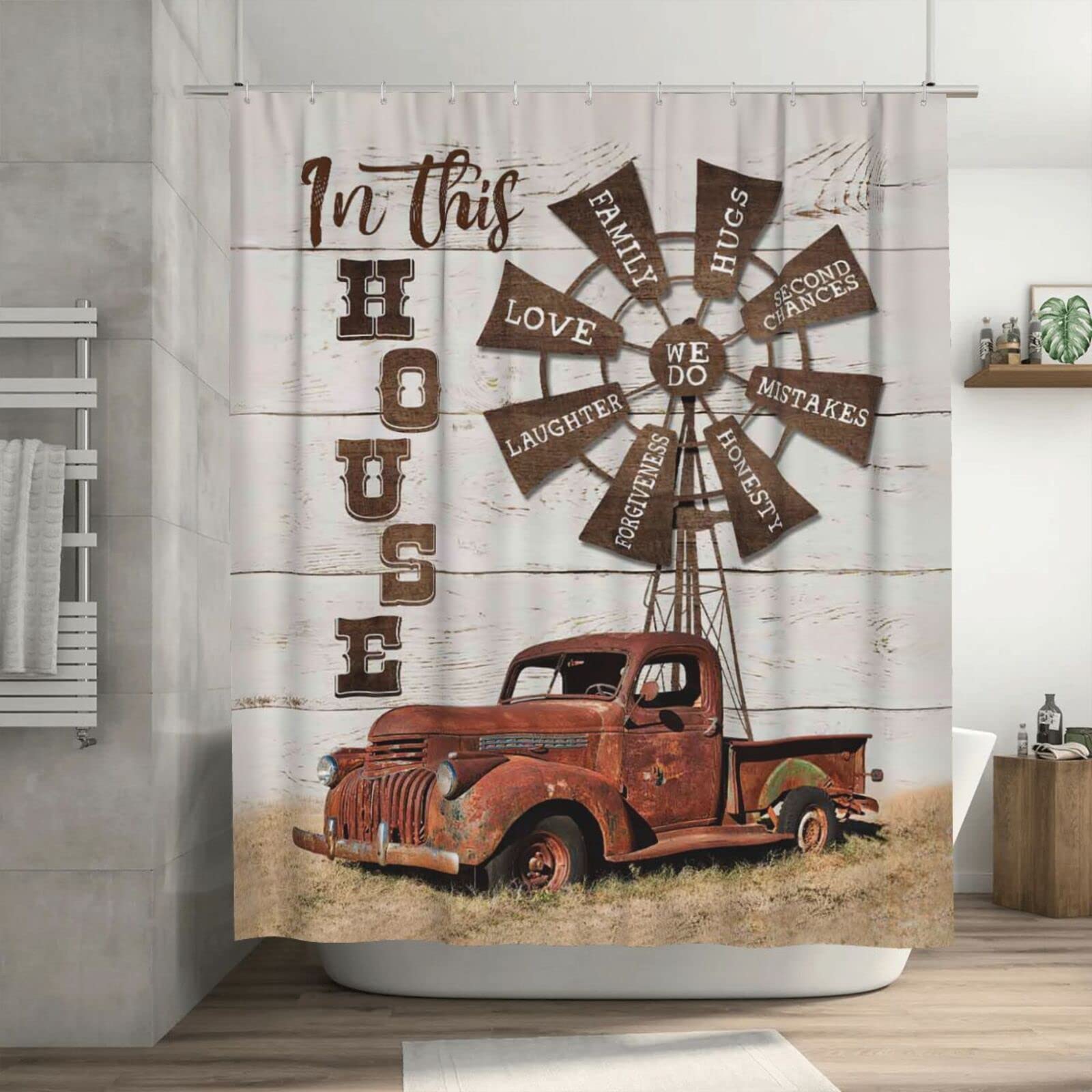 Amazon.com: Farmhouse Truck Shower Curtain Rustic Country Windmill ...