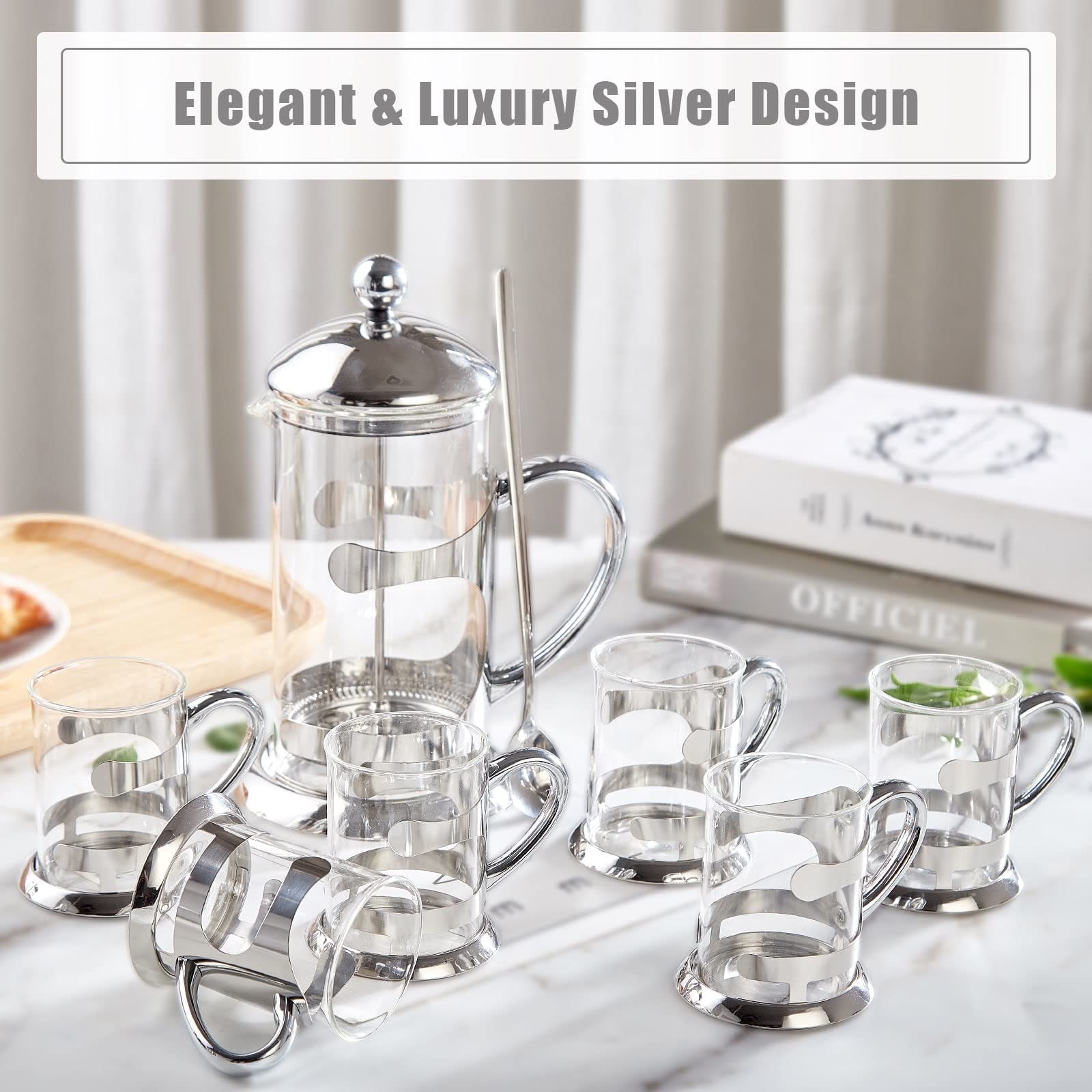 DUJUST Silver French Press Set with 6 Cups & 1 Tray, Luxury Design ...
