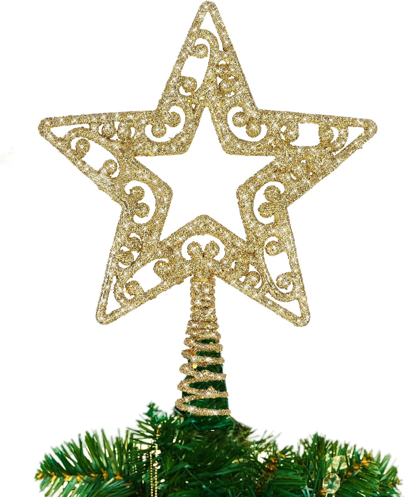 Amazon.com: Christmas Tree Topper, Xmas Gold Hollow Star Tree Topper ...