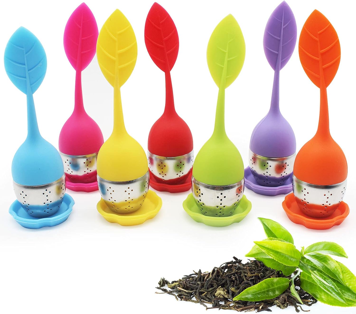 Tea Infuser - Set of 7 Silicone Handle Stainless Steel Strainer Drip ...