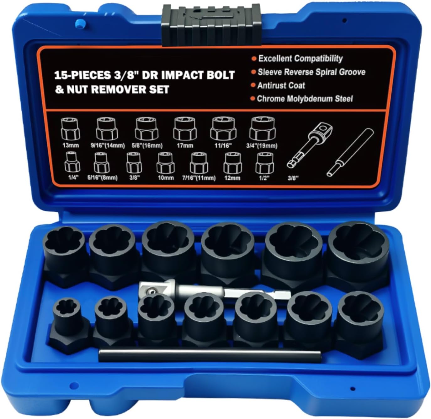 Greywolf Nut Extractor Set, 15 pcs Bolt Extractor Kit with 3/8 Inch ...
