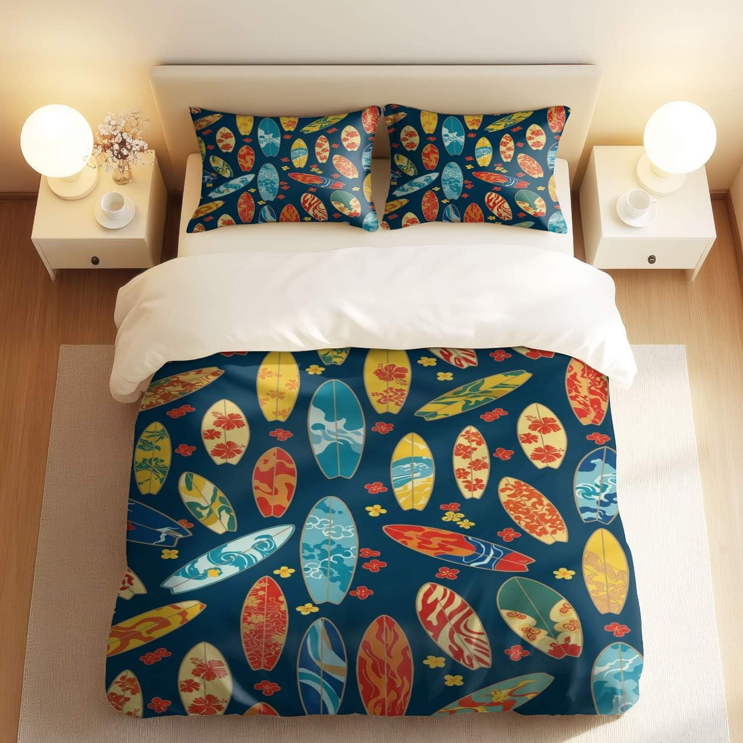 Vibrant Summer Palm Tree Duvet Cover Set, Cartoon Style Guitar ...