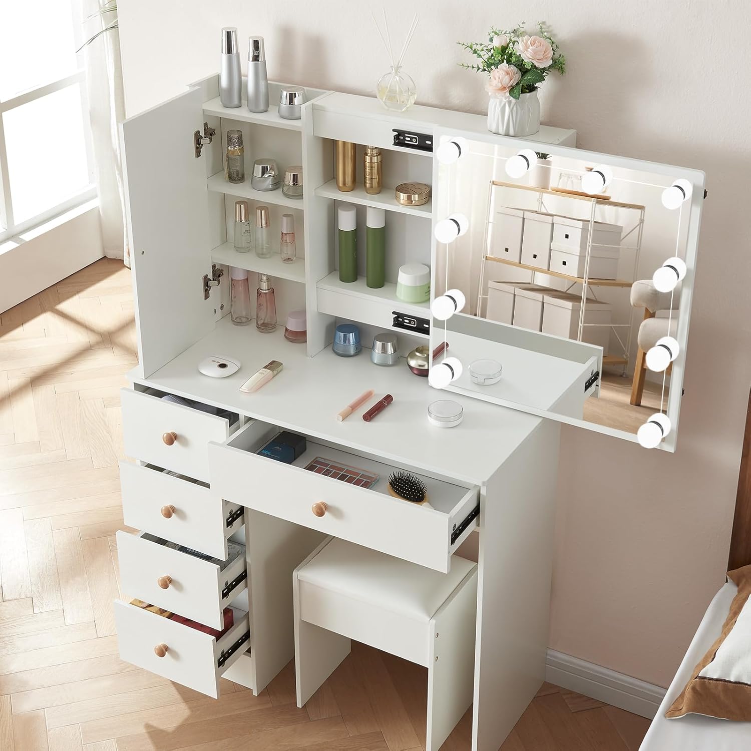 Amazon.com: Large Vanity Desk with Lights, 35'' Makeup Vanity with 5 ...