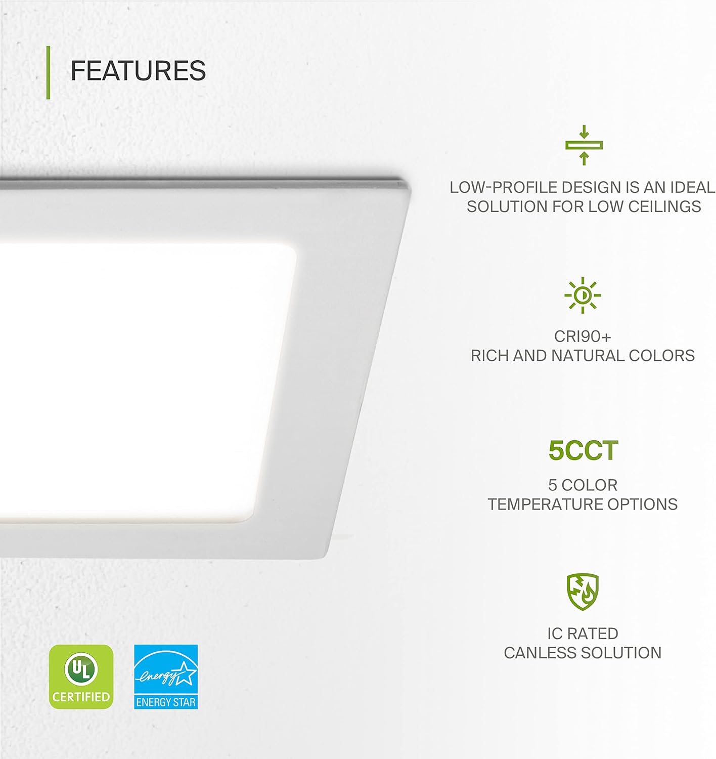 ASD Iluminación empotrada cuadrada LED ultrafina de 8 pulgadas, 5 CCT 2700K-5000K seleccionables ...