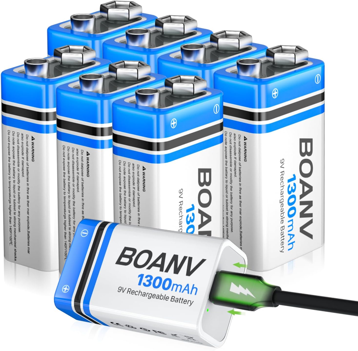 BOANV 8PCS 1300mAh 9V Rechargeable Batteries, 9V Rechargeable USB ...