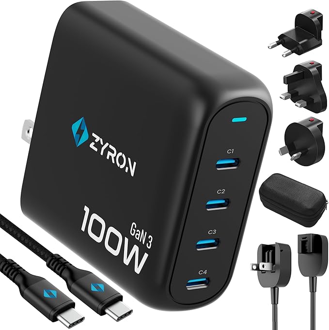 Zyron 100W USB C Charger, 4 Ports Multi USB-C Wall Plug with Power Cord, 100W/65W GaN 3 Fast ...