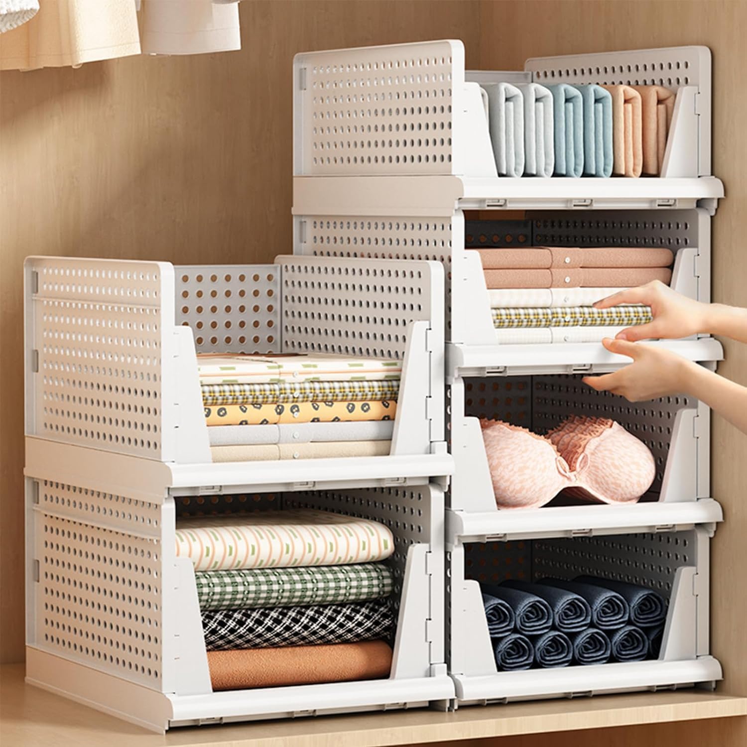 5 Pack Stackable Plastic Storage Basket, Foldable Closet Organizers and ...