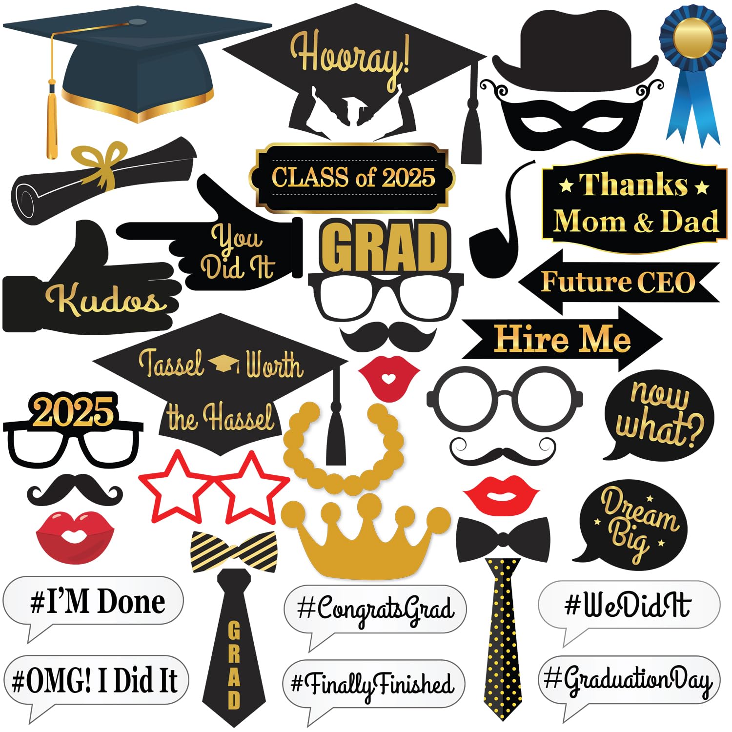 Katchon Graduation Photo Booth Props Pack Of 40 Black Gold | Desertcart ...