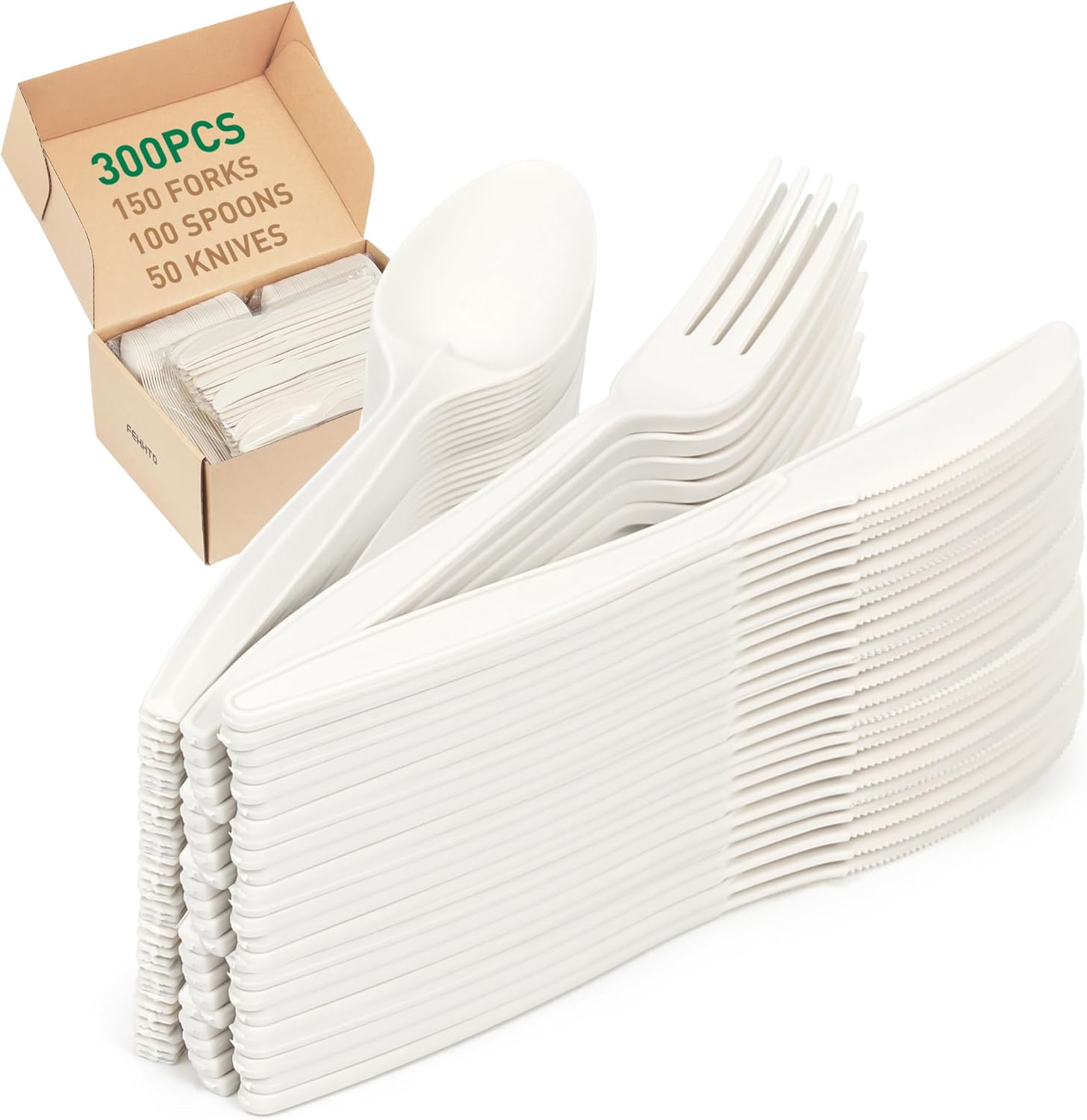 Amazon.com: FEHHTO 100% Compostable Cutlery Set, 300pcs (150 Forks,100 ...