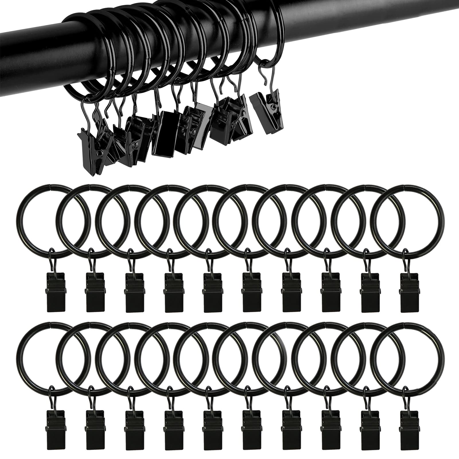 1.5 inch Curtain Rings, 20 Pcs Black Curtain Hook Clips, Metal Curtain ...
