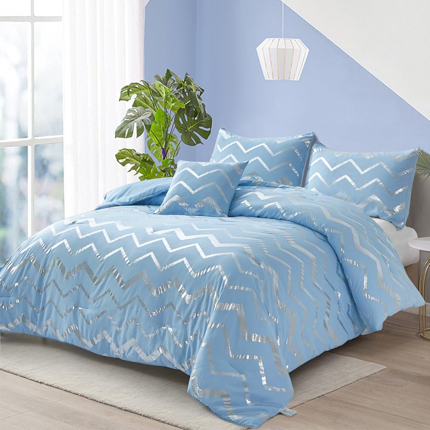 Amazon.com: Menghomeus Blue/Silver Comforter Set Twin/Twin XL Size ...
