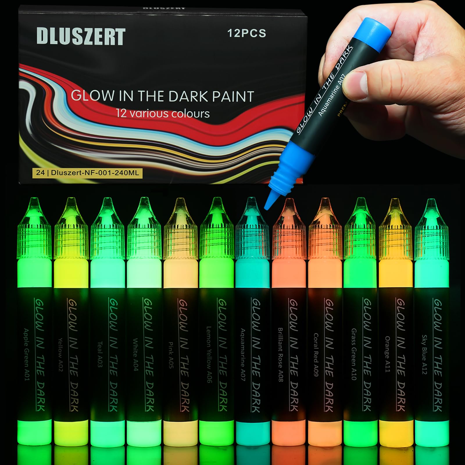 Dluszert Glow in the Dark Paint 12x20ml Glow Paints, 3D Waterproof Glow ...