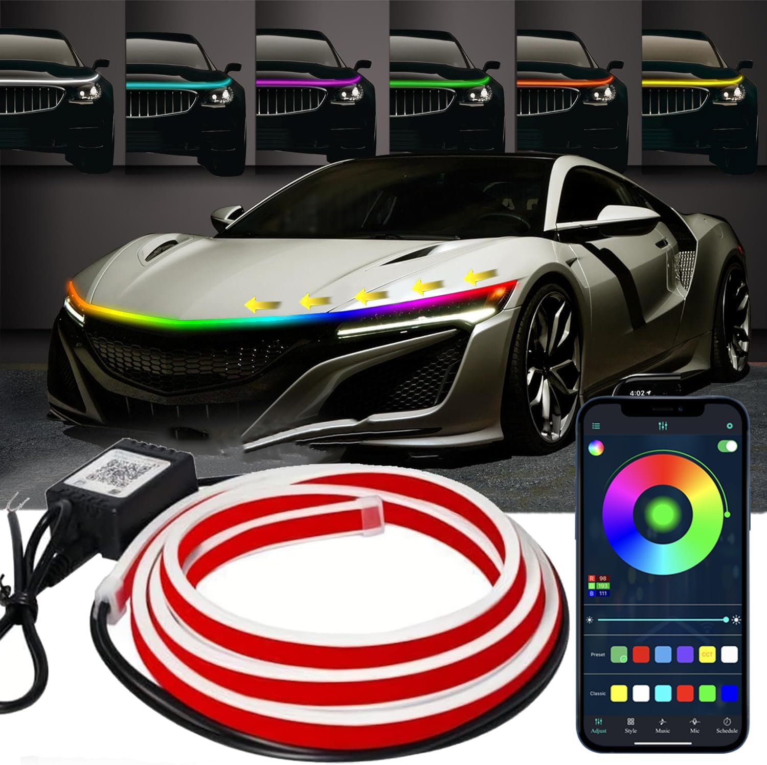 Amazon.com: OPL5 70 Inch Dream Color Car Hood Light Strip with Wireless ...