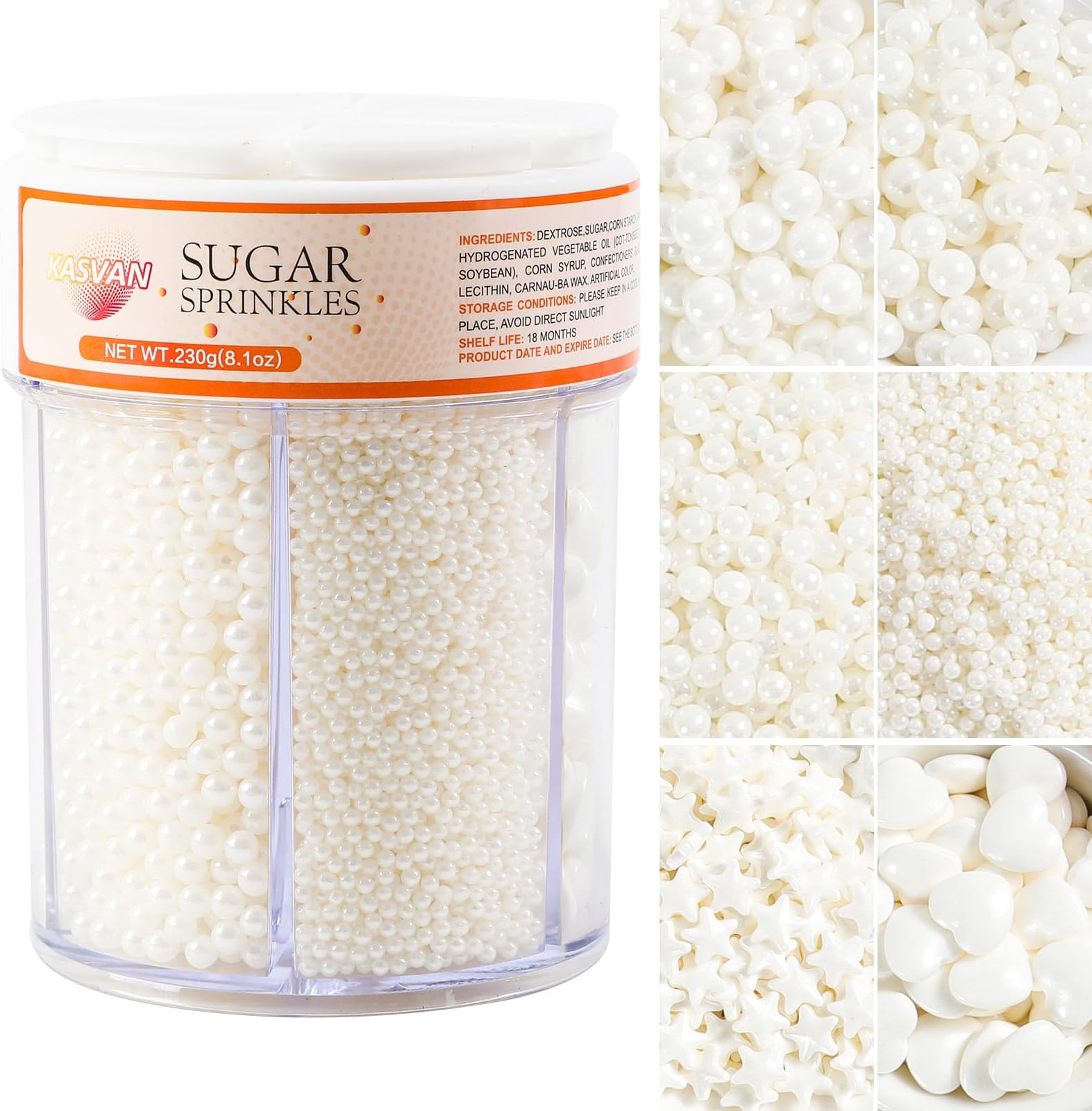Amazon.com : Kasvan White Pearl Sugar Sprinkles, 6 Sizes Mix for Cake ...