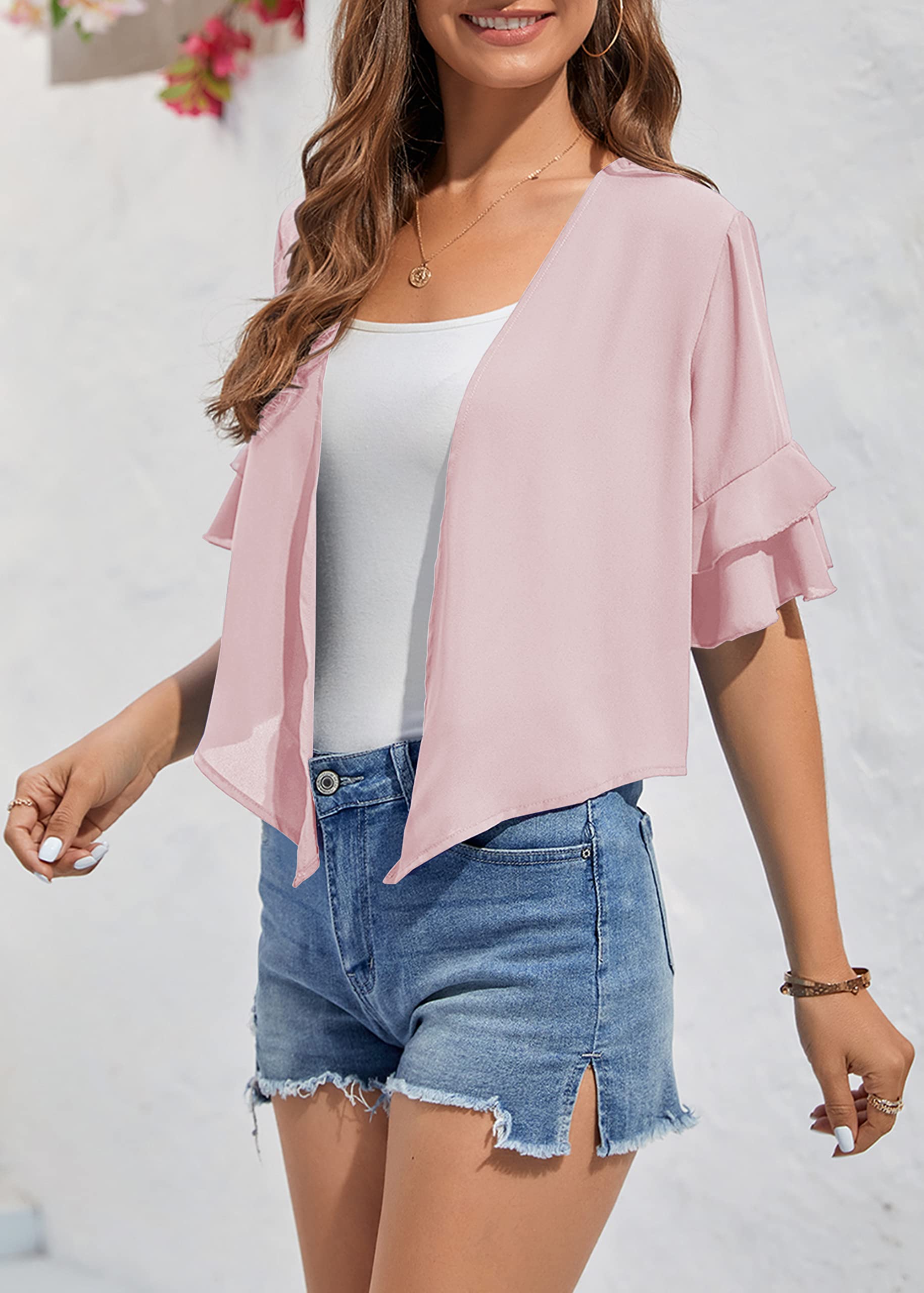 Zbyclub Womens Sheer Bolero Shrug Open Front Tie Short Ruffle Sleeve ...