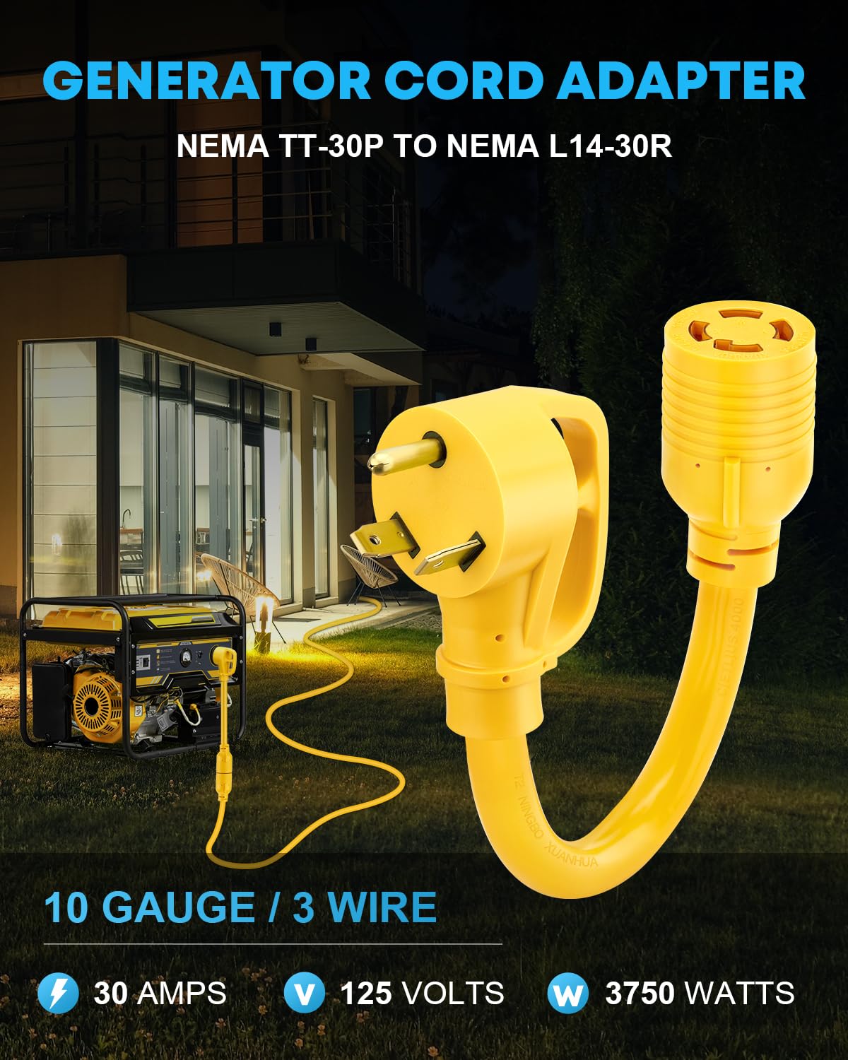 Snapklik.com : NEMA TT-30P To L14-30R Generator Adapter Cord, 30Amp 3 ...