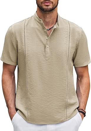 COOFANDY Men's Cuban Guayabera Shirts Cotton Linen Henley Shirts Short Sleeve Casual Band Collar ...