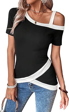 Amazon.com: OYOANGLE Women's Colorblock Short Sleeve Asymmetrical Neck ...