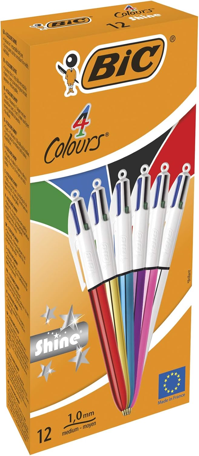 BIC 4 Colori Shine, Penne Multicolore, Set 12 Penne a Sfera a Scatto ...