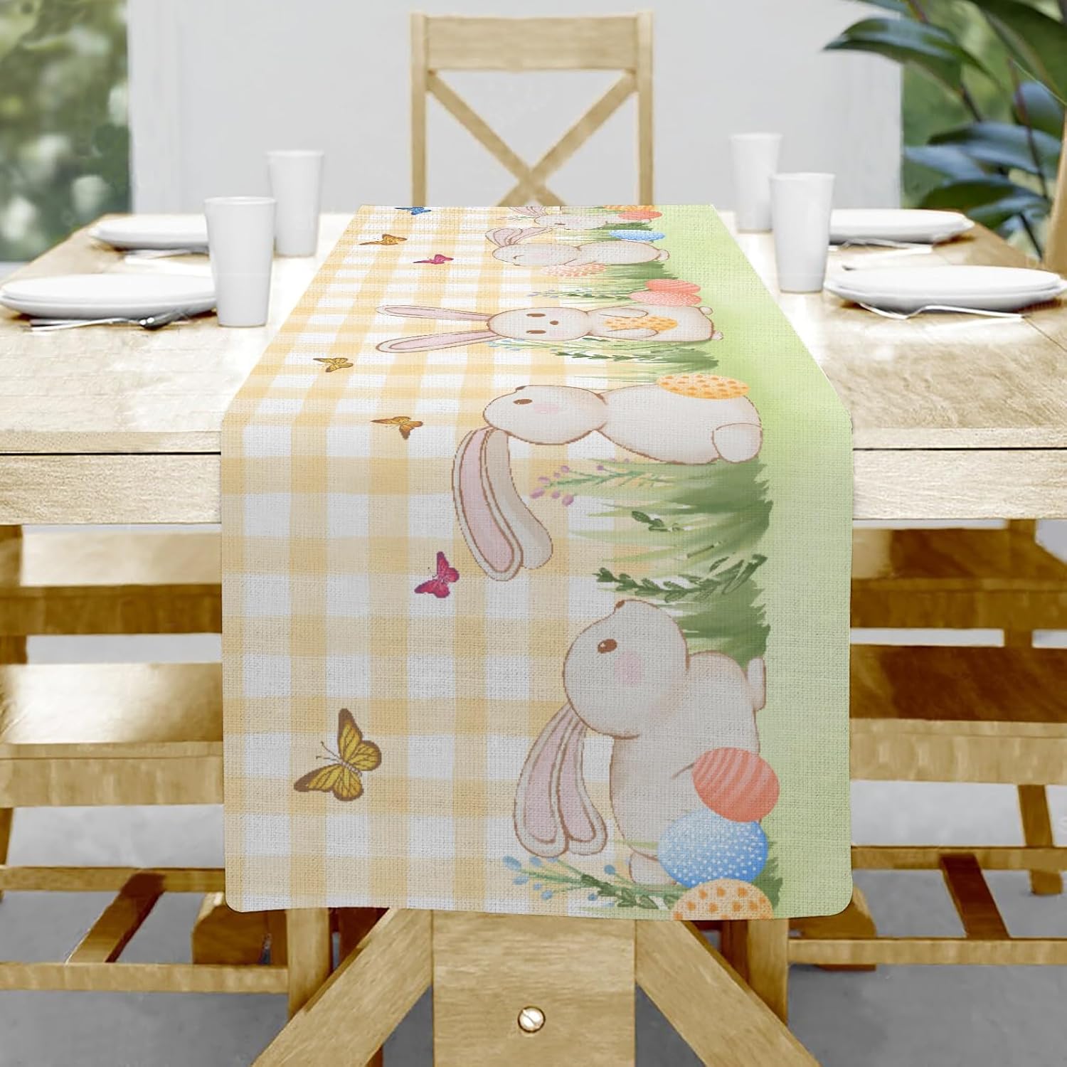 Amazon.com: Easter Table Runner,Easter Rabbits Linen Farmhouse Table Runners,Easter Bunnies ...