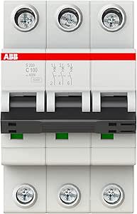 ABB S203-C100 Miniature Circuit Breaker, 3 Pole, Type C, 6kA Breaking Capacity, 100 Amp Current ...