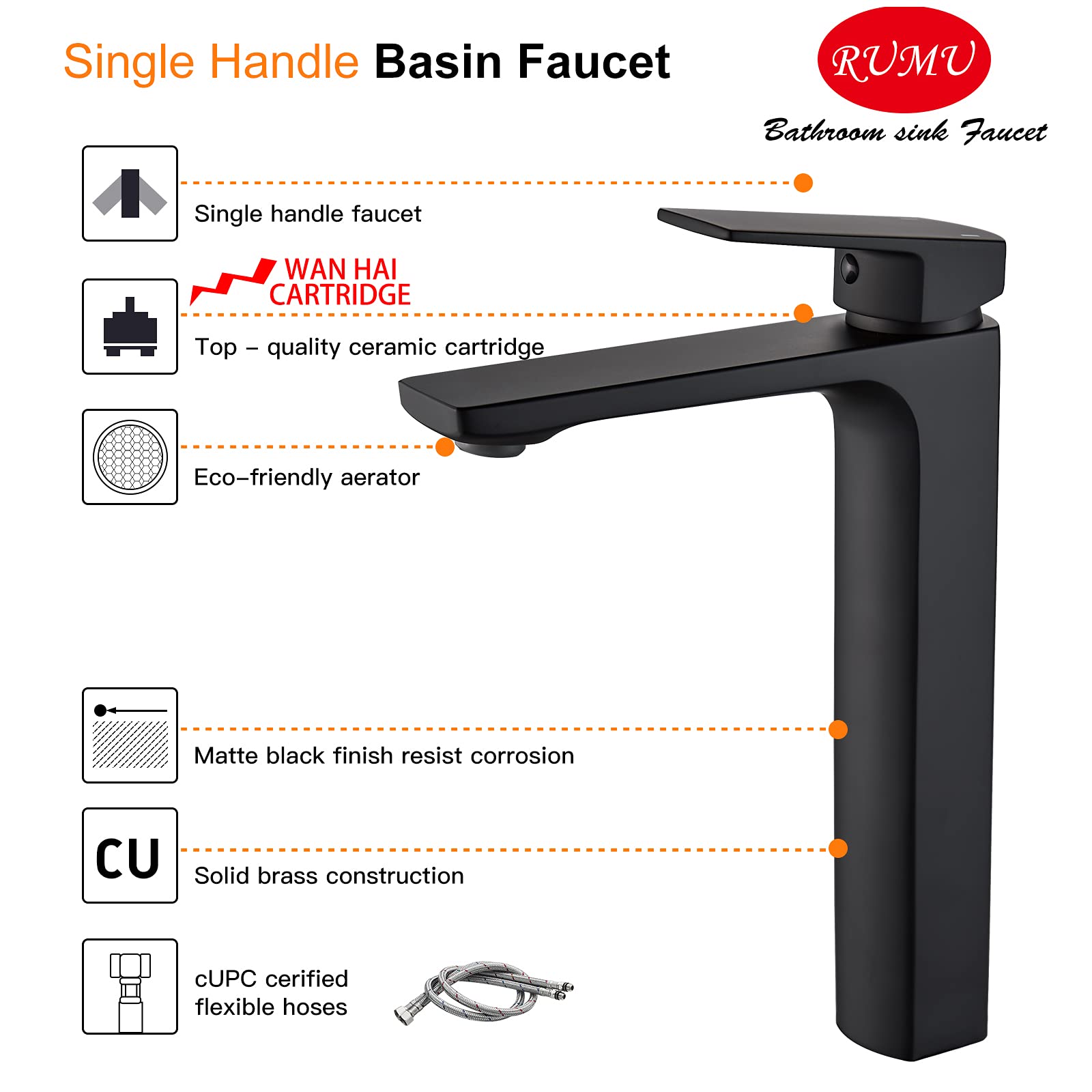 Snapklik.com : VOTON Black Vessel Sink Single Hole Tall Bathroom Faucet