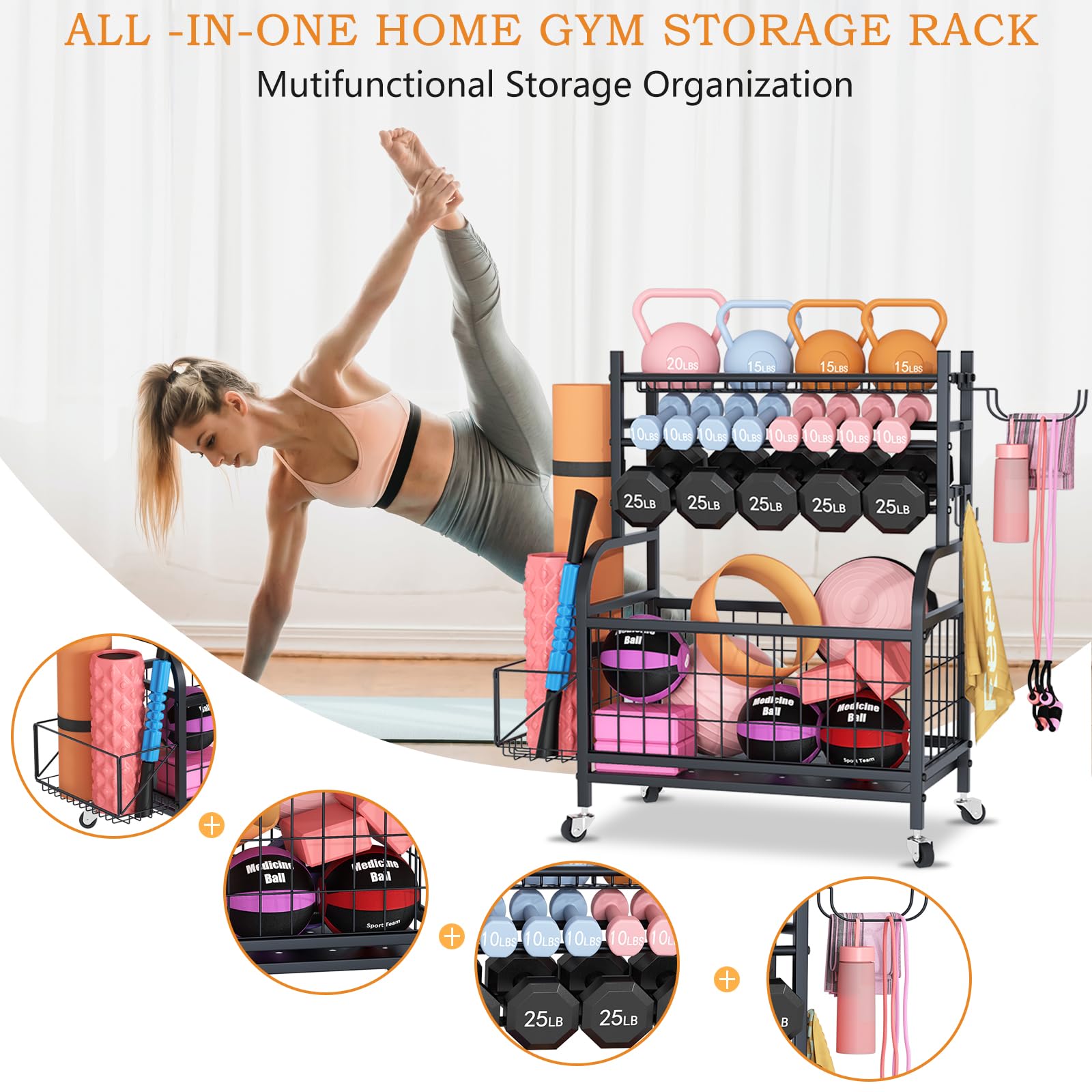Azheruol Dumbbells Rack Yoga Mat Storage Cart Multifunctional Removable ...