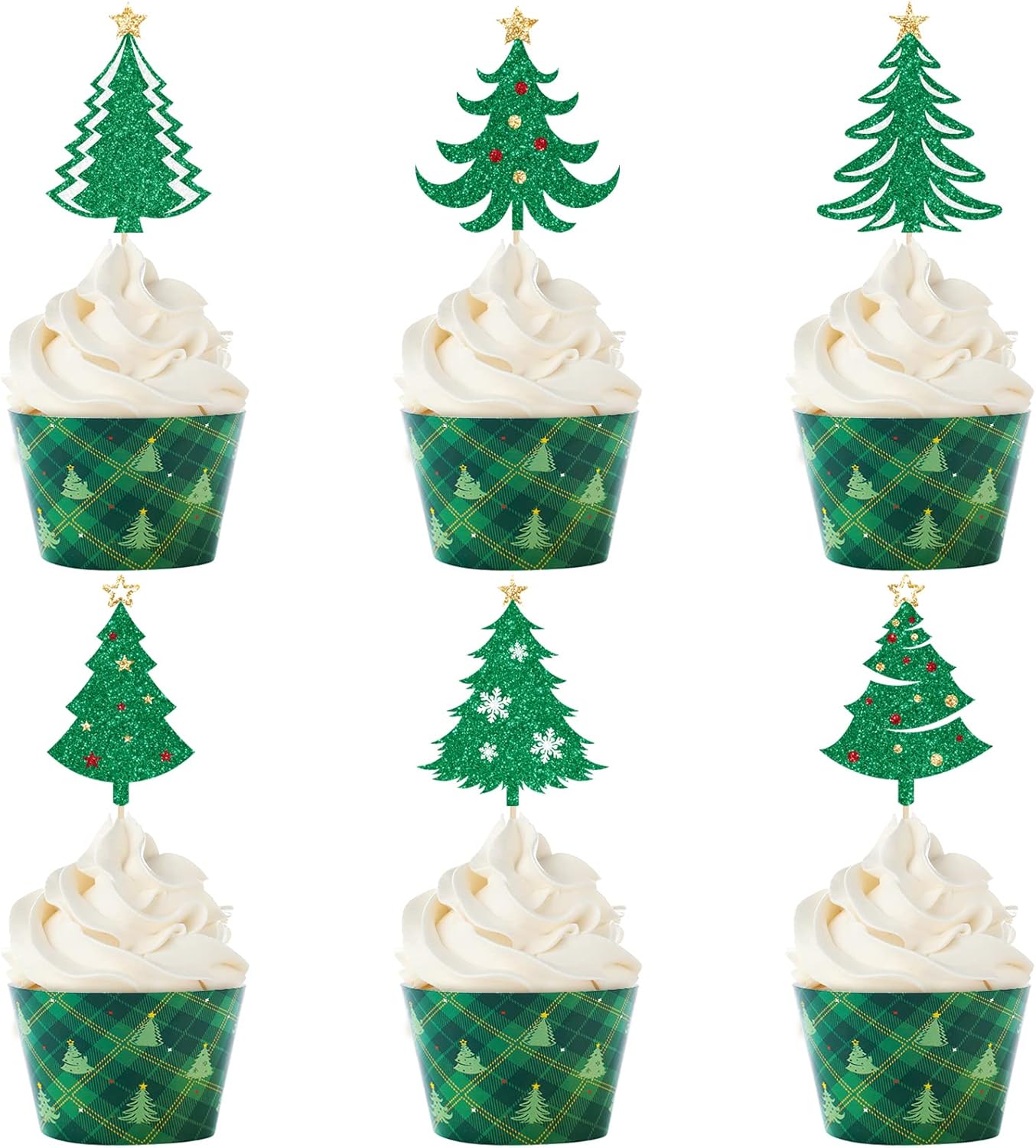 Amazon.com: Whaline 72Pcs Christmas Tree Cupcake Topper and Wrappers ...