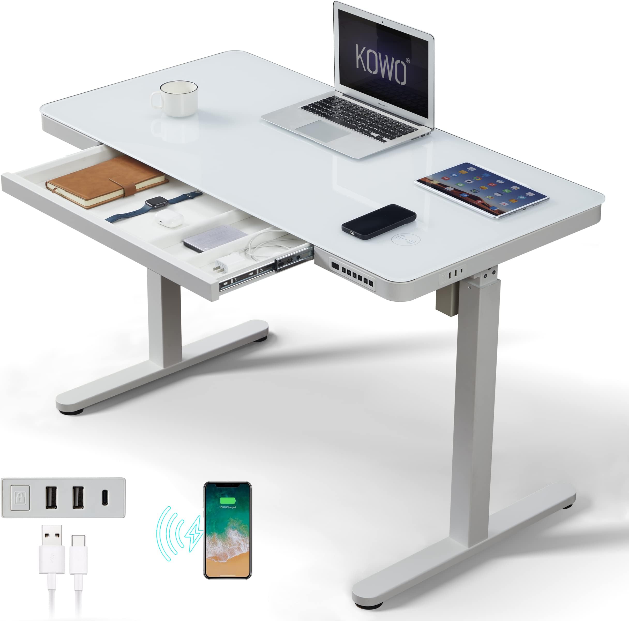 Kowo Glass Top Height Adjustable Electric Standing Desk with Drawers ...